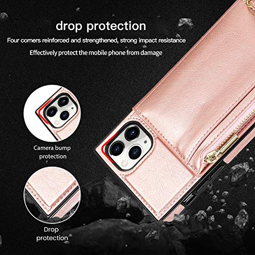 LUVI Compatible with iPhone 12 Pro Max Wallet Case with Crossbody Neck Strap Lanyard Purse Handbag Shoulder Strap Cover with PU Leather Credit ID Card Holder Kickstand Stand Protection Case Rose Gold