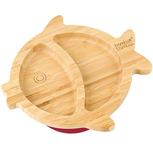 Bamboo Baby Plate with Suction - Kids and Toddler Suction Cup Plate for Babies, Non-toxic All-Natural Bamboo Baby Food Plate Stays Cool to the Touch for Baby-Led Weaning (Fish-Cherry)