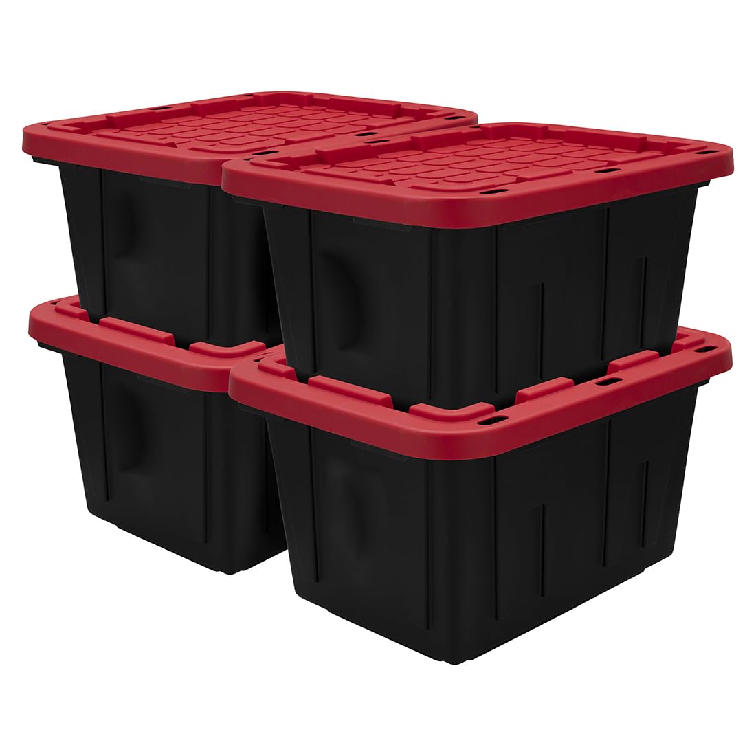 12 Gallon Snap Lid Plastic Storage Bin Container, Multipurpose Stackable Plastic Lockable Storage Tote Tub Box, Racer Red Lid w/Black Base Home Storage Bins for Basements, Garage, Closets, Set of 4