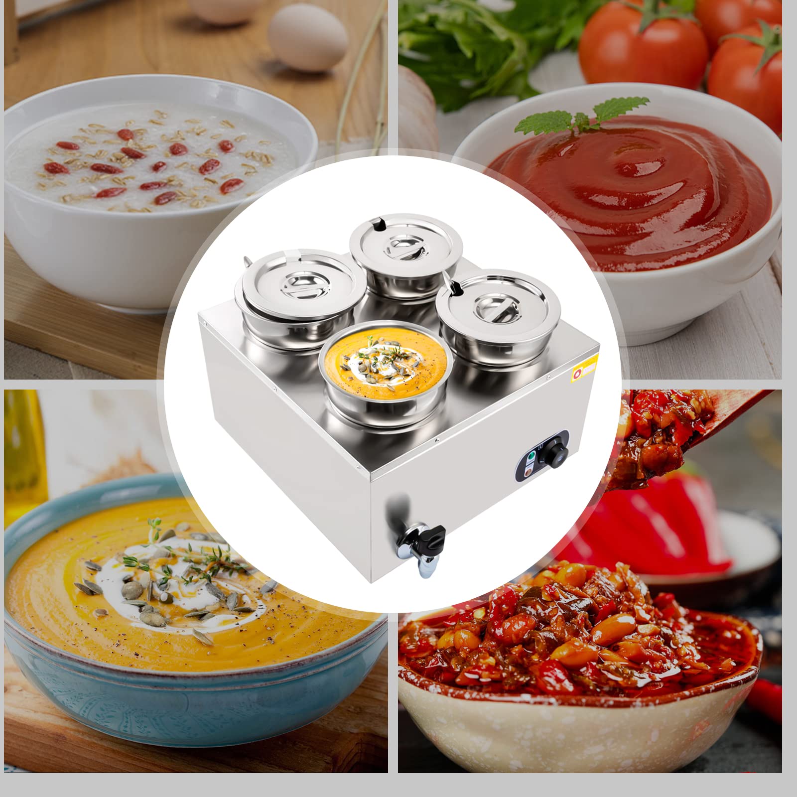 110V Commercial Electric Soup Warmer,16.8 Qt Capacity, Adjustable Temp 86-185°F, Stainless Steel Countertop Pot with Tap for Cheese Hot Dogs Rice