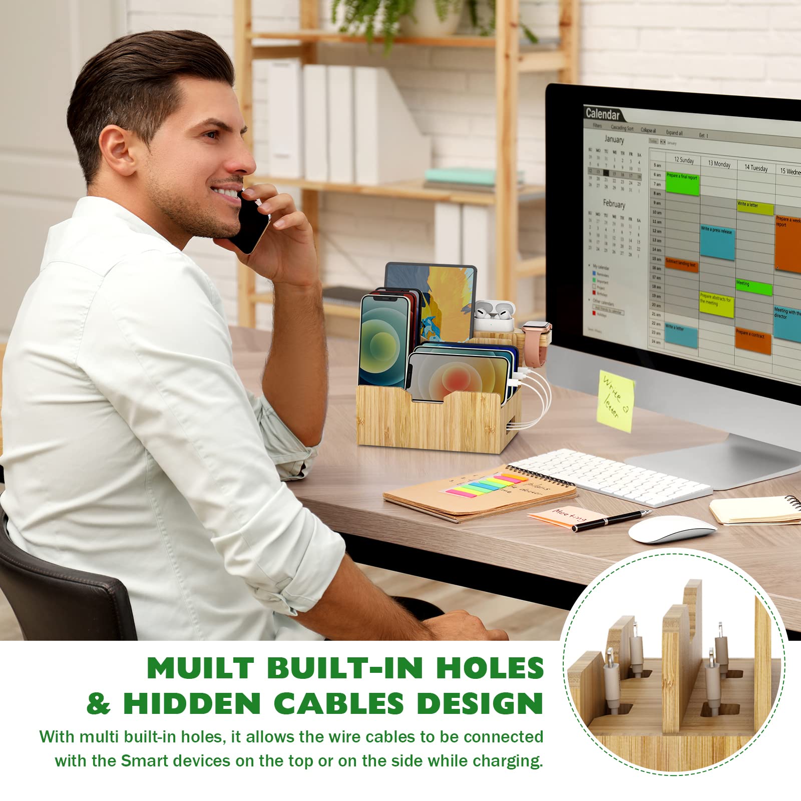 Bamboo Charging Station for Multiple Devices with Integrated Watch & Earbuds Stand, Desktop Charging Docking Station Organizer for Cell Phone, Tablet, 5 Charging Cables Included(No Power Supply)