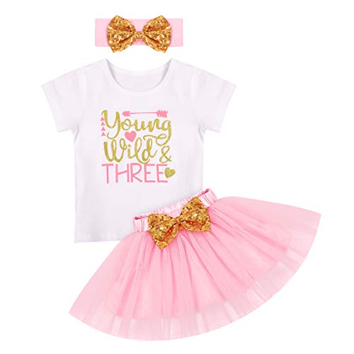 Baby Girls 1st/2nd/3rd Birthday Princess Cake Smash Baptism Tutu Party Dress Short Sleeve Top Romper Shirt+Ruffle Tulle Skirt+Sequin Bow Headband 3PCS Summer Outfit Pink-Young Wild Three 3T