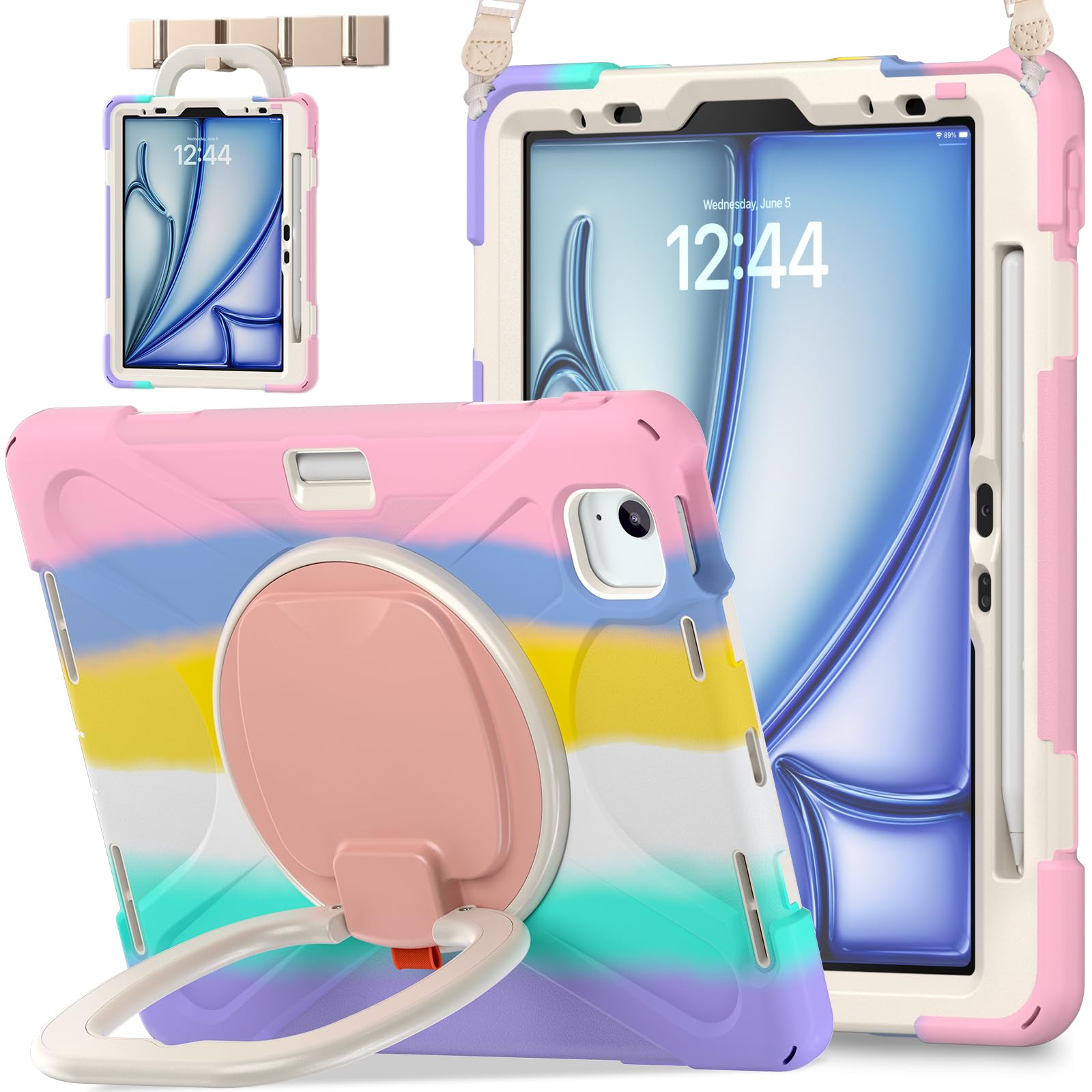 BATYUE for iPad Air 6th Generation 11-inch (M2) 2024 Case, iPad Air 5th/4th Gen 10.9" Case 2022/2020, iPad Pro 11" 4th/3rd/2nd/1st Case, with Pencil Holder+Kickstand+Shoulder Strap (Colourful Pink)