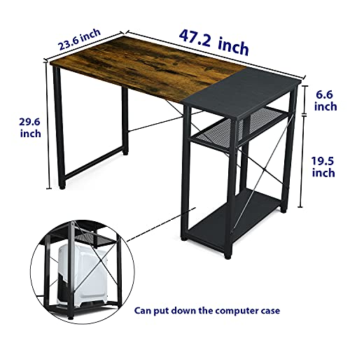 Foxemart Computer Desk 47 Inch Home Office Desk Industrial Sturdy Writing Table with Storage Shelves Modern Simple Style PC Desk for Home Office Study Room Workstation, Rustic Brown and Black