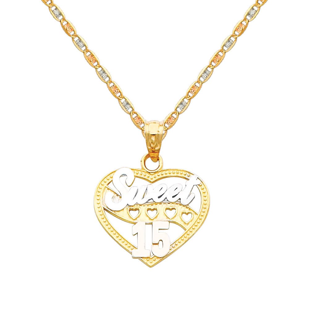 14k REAL Two Tone Gold 15 A?os Heart Pendant with 1.5mm Diamond Cut Chain Necklace - 16"