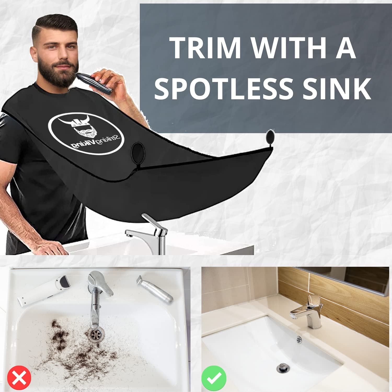 Striking Viking Beard Bib & Hair Catcher Apron for Shaving & Trimming - 4-Piece Grooming Kit with Scissors, Suction Cups, Storage Bag & Beard Cape - Shaving Hair Catcher