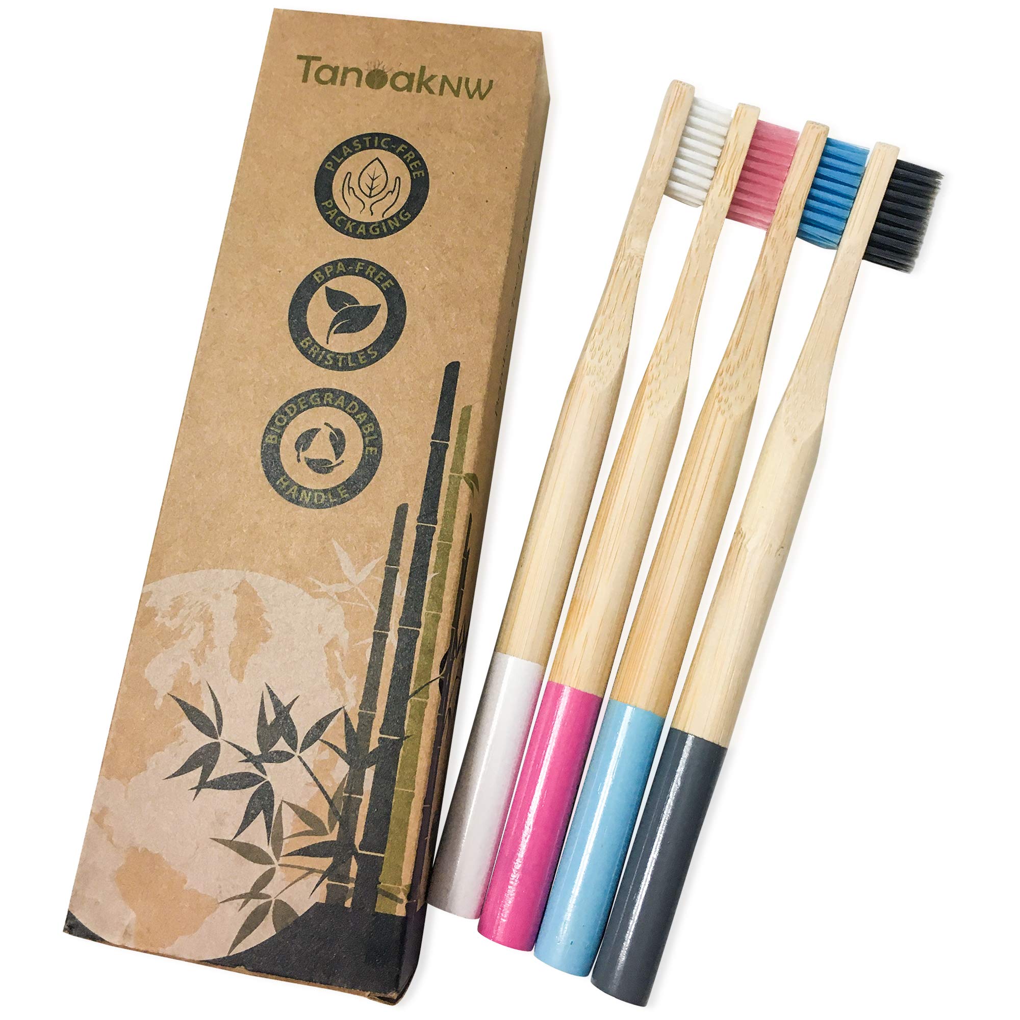 Bamboo Toothbrush Eco-Friendly Packs of 4 – Circular Organic Biodegradable handle with BPA-Free, Soft Nylon Bristle.