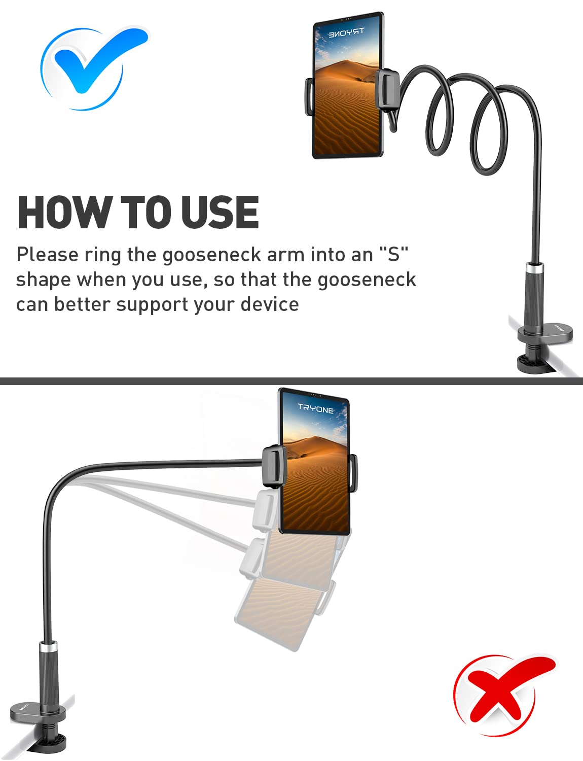 Gooseneck Tablet Holder Stand for Bed: Adjustable 39.4inch Flexible Lazy Arm Tablets Mount Compatible with iPad Pro Air Mini | Galaxy Tab | Kindle Fire | Switch or Other 4.7-12.9" Device