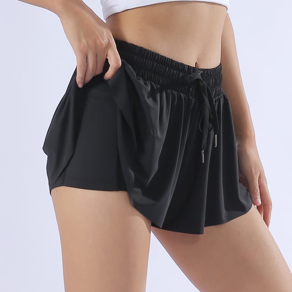 2 in 1 Flowy Athletic Shorts Athletic WorkoutTrendy Skirt Lounge Clothes Summer Sweat Skirt Black