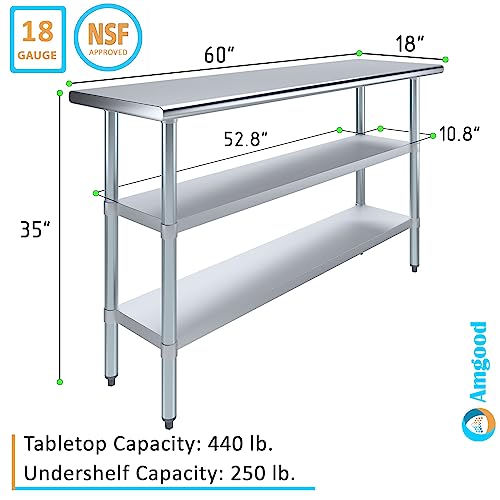 60" Long X 18" Deep Stainless Steel Work Table with 2 Shelves | Metal Food Prep Station | Commercial & Residential NSF Utility Table