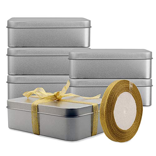 Empty Metal Tins Box with Lid,6 Pack Stainless steel Tins Cookie Tin Cans Storage Container for Treats, Gifts, Candle, Favors and Crafts, Silver, 4.9 x 3.7 x 1.6 Inches