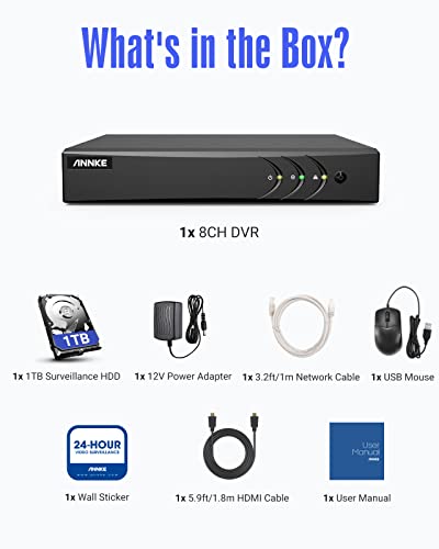 ANNKE 3K Lite 8CH 5-in-1 Security DVR Recorder with 1TB Hard Drive, H.265+ Hybrid Surveillance DVR, Supports 8CH Analog and 2 IP Cameras for 24/7 Home CCTV, AI Motion Detection (Cameras Not Included)