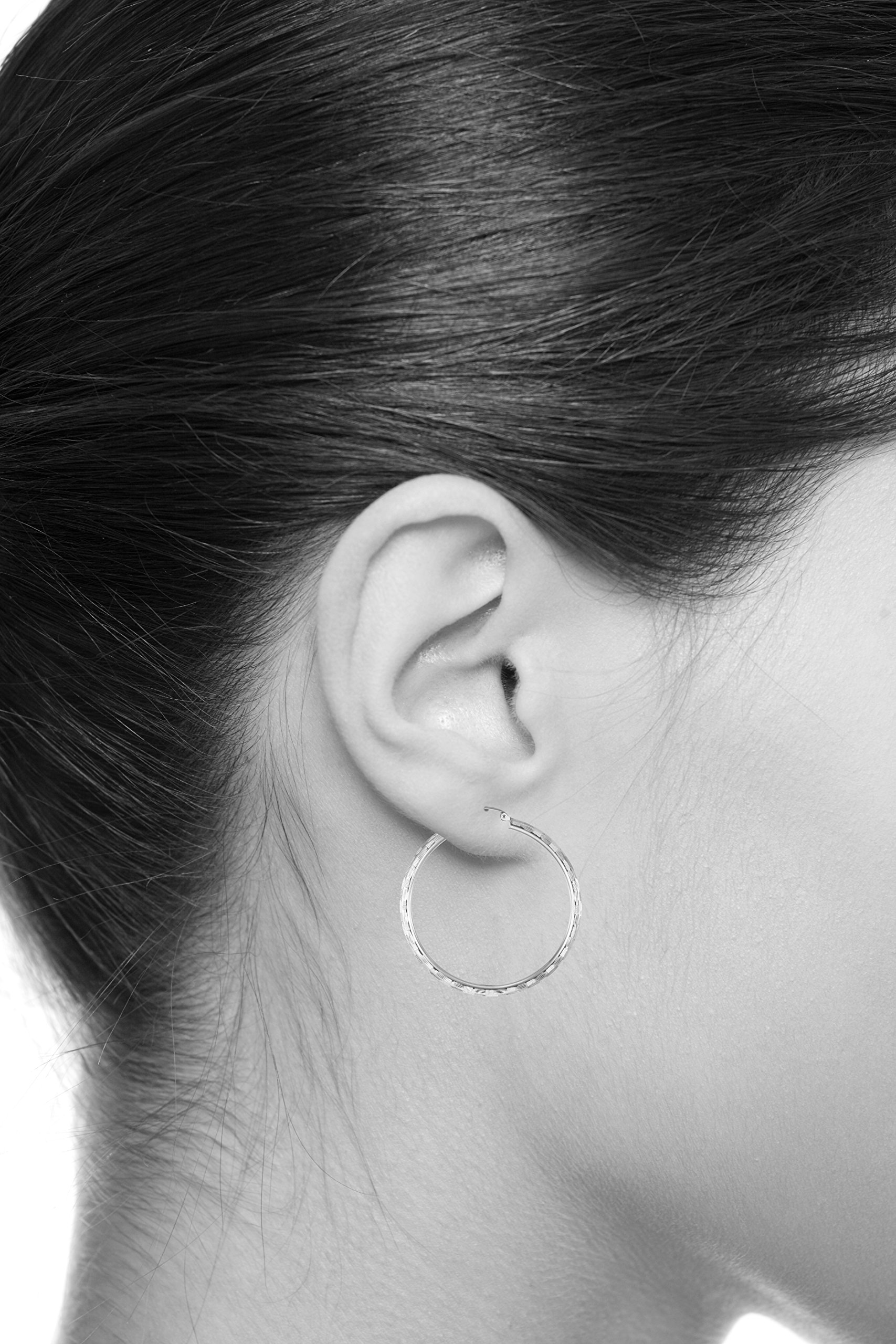 14k REAL White Gold 3mm Thickness Hinged Diamond Cut Hoop Earrings (45 x 45 mm)