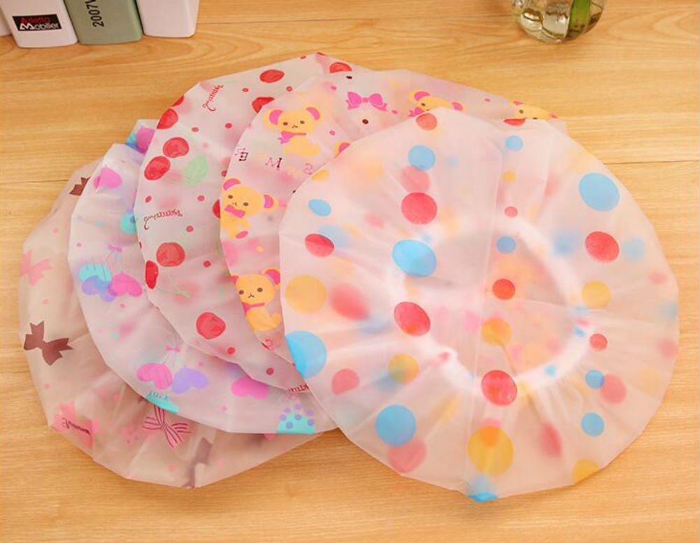 AKOAK 5 Pieces Reusable Waterproof EVA Plastic Lace Elastic Band Flower Printed Hat Environmental Protection Hair Bath Caps Shower Caps