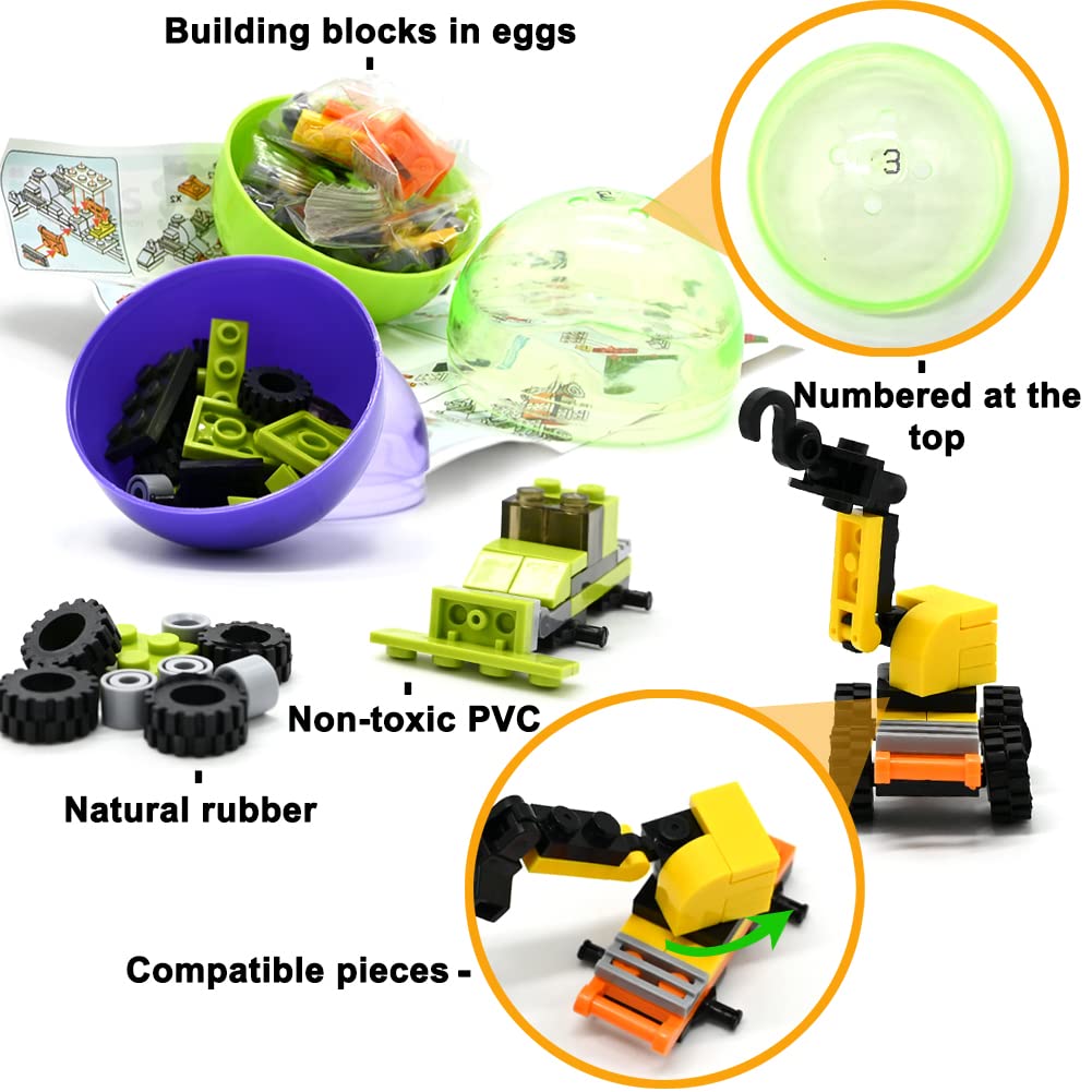 12Pcs Pre Filled Easter Eggs with Mini Buildable Vehicles Building Blocks, Car Egg Surprise Toy for Easter Egg Hunt, Easter Basket Filler, Easter Basket Stuffers, Easter Party Favors School Prize Toys