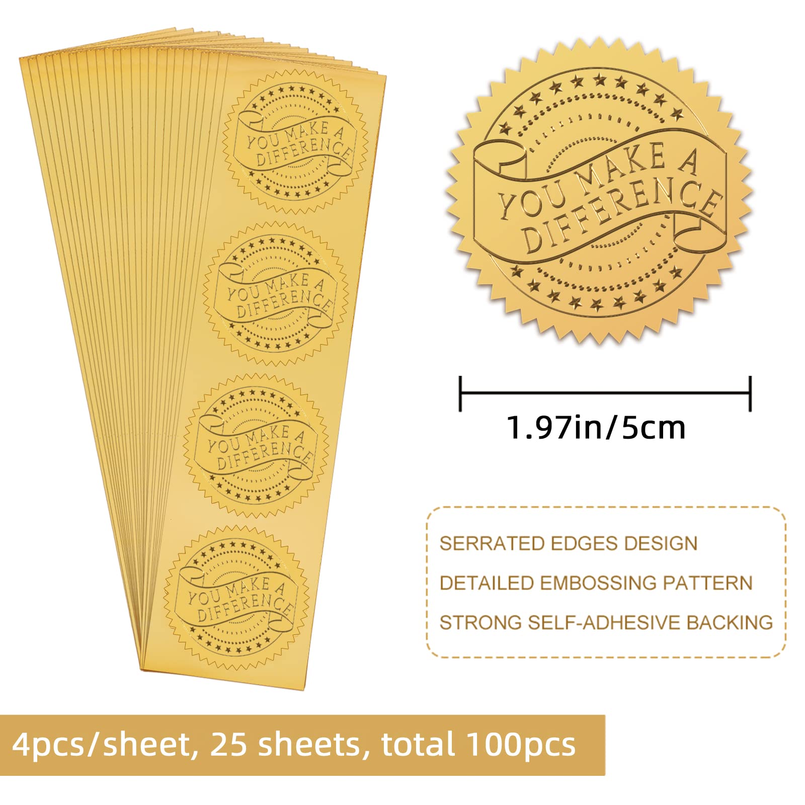 CRASPIRE 2" Embossed Certificate Seals You Make a Difference Self Adhesive Embossed Seals Gold Stickers 100pcs Medal Decoration Labels for Envelopes Diplomas Certificates Awards Graduation