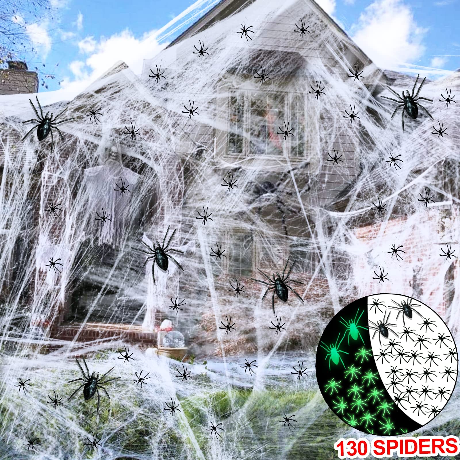 1500 sqft Halloween Spider Web Decorations Super Stretch Cobweb with 130 Plastic Fake Spiders Glow in The Dark Halloween Decorations Indoor Outdoor Party Supplies Haunted House Decor (450g)