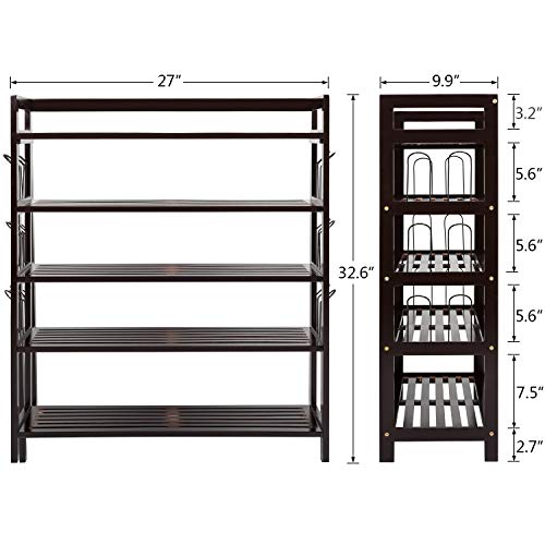 Kinsuite Shoe Rack Organizer 5-Tier Bamboo Shoe Shelf Free Standing Adjustable Shelves with 12 Hooks for Entryway Closet Bedroom, Dark Brown