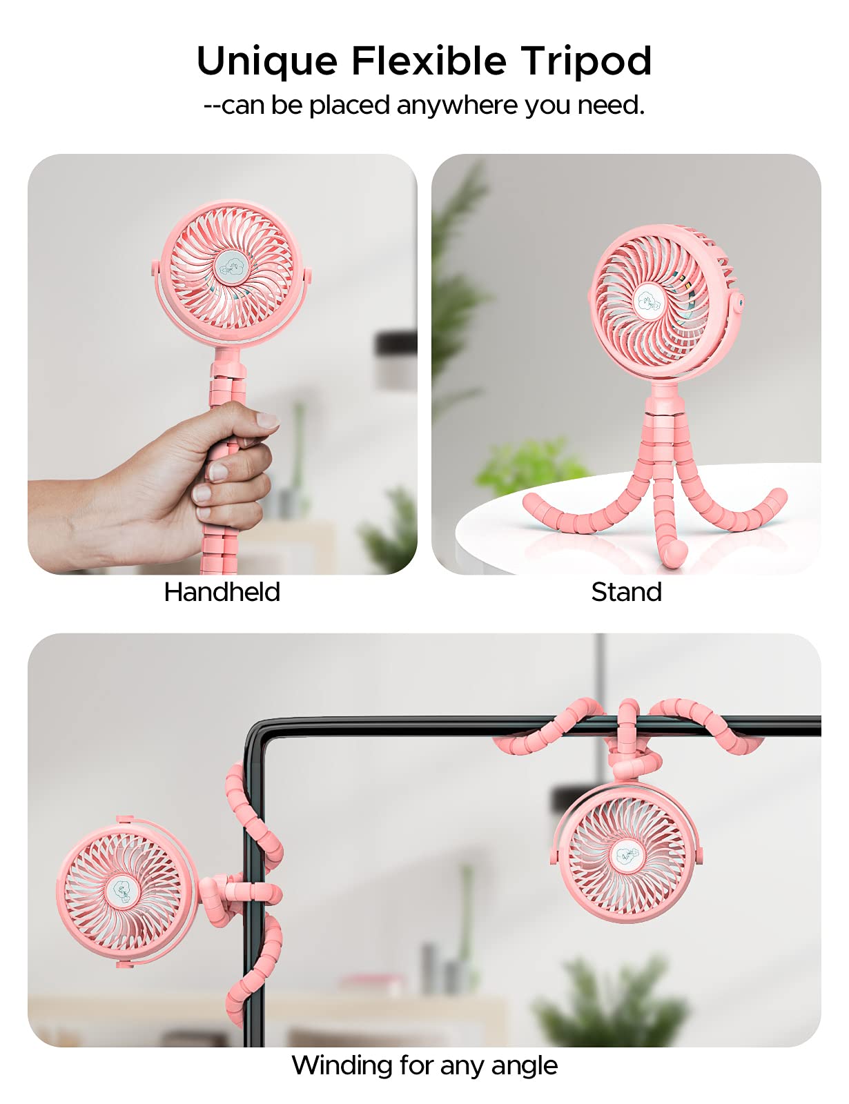 Creiv Stroller Fan, Baby Stroller Fans Clip On Car Seat, Battery Operated Portable Fan with 3 Level Wind Speeds and LED Lighting Available for Stroller, Car Seat and more