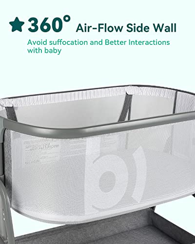 babyboat Bassinet Bedside Sleeper with 360° All Air Mesh, Bedside Crib with Storage Basket, Cozy Adjustable Portable Bassinets for Safe Co-Sleeping, Baby Crib for Infant/Newborn