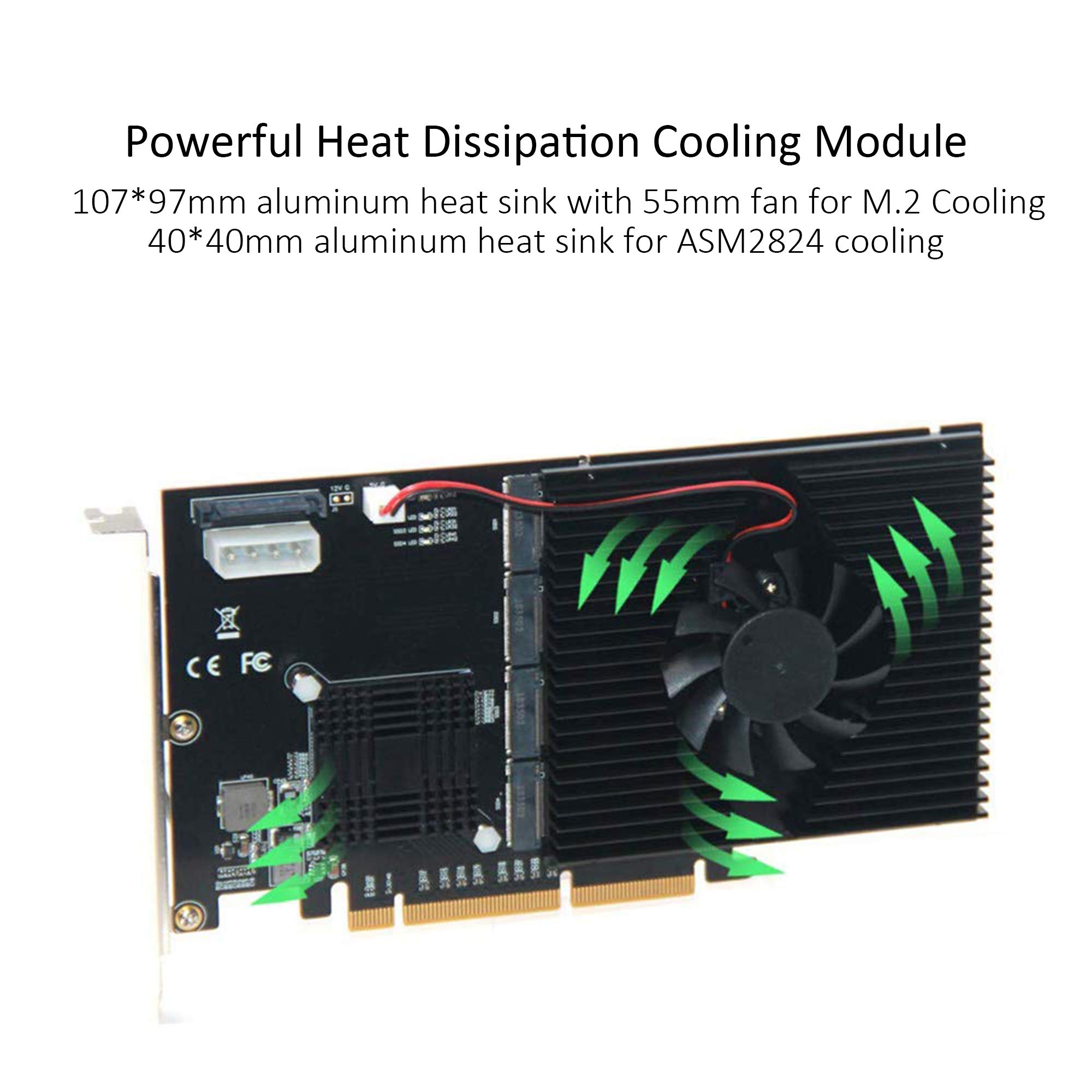 A ADWITS Quad M.2 NVMe SSD PCIe X16 Adapter,ASM2824 PCI Express 3.0 X16 Switch to 4 Ports M.2 Adapter Card,Supports RAID,PCIe Bifurcation,4 X4 NVMe(AHCI Compatible)M.2 SSD in Size 2242/2260/2280/22110