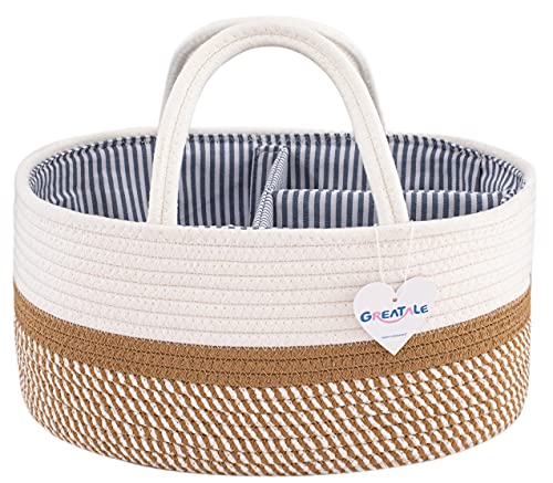 GREATALE Baby Diaper Caddy Organizer - Portable Rope Nursery Storage Bin for Changing Table & Car - Diaper Storage Basket with Removable Divider (Brown)