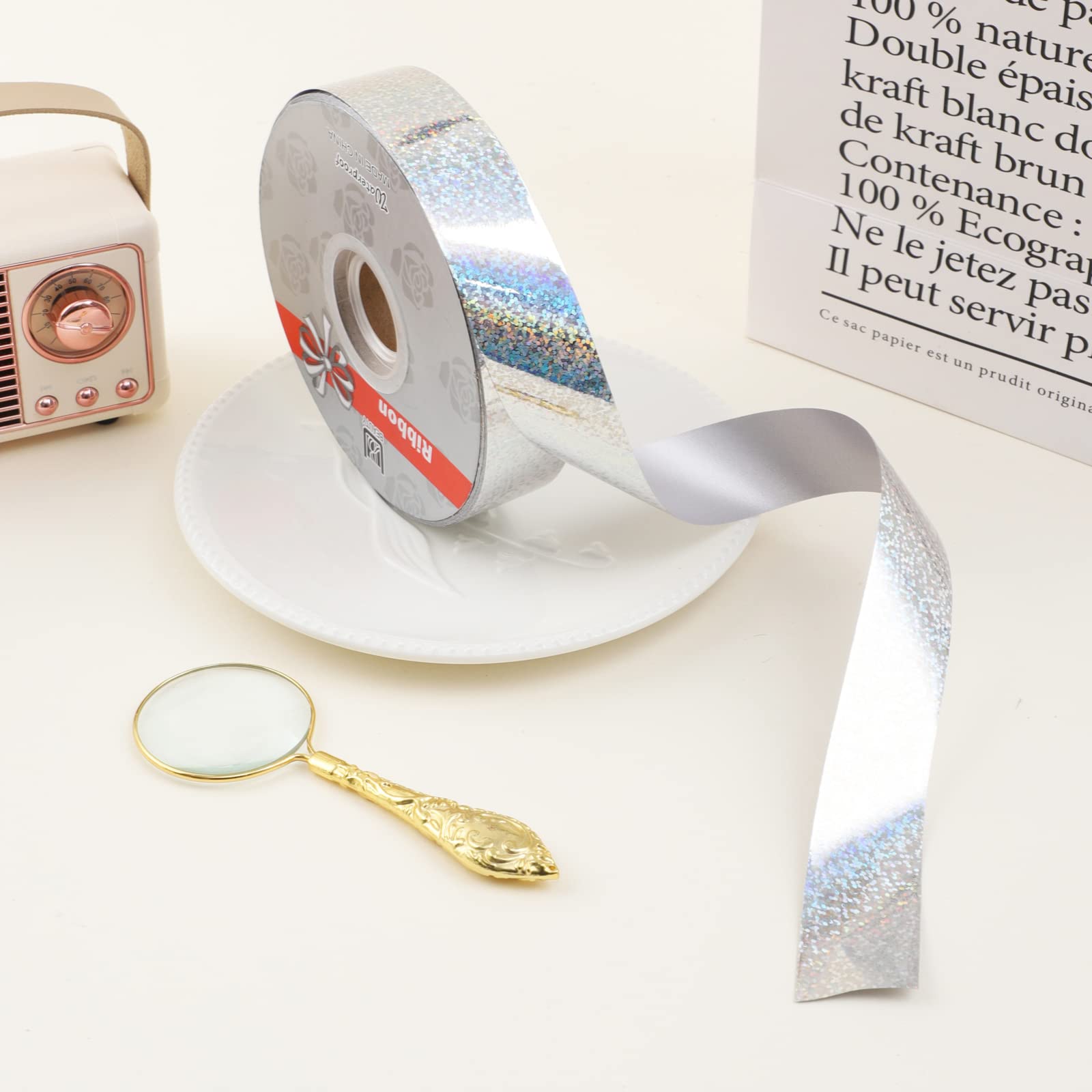 1inch x 100yards Waterproof Ribbon,Silver Curling Ribbon for Gifts Package Wrapping,Bows, Crafting, Wedding.