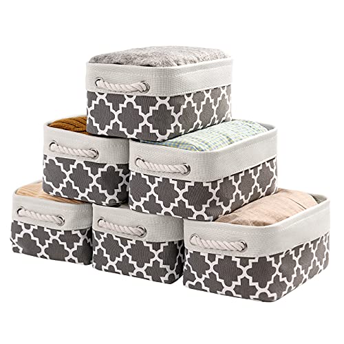 TheWarmHome Small Storage Baskets for Organizing,Storage Baskets for Shelves,Small Fabric Storage Bins W/Handles For Closet Nursery Toy Decorative Foldable (White&Grey Grid, 11.8L*7.9W*5.2H-6 Pack)…