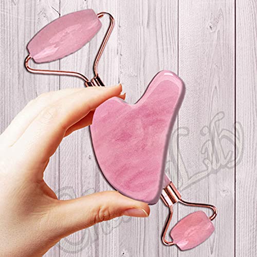 Rose Quartz & Ice Roller + Gua Sha Massager Tool Set for Face & Eyes by Charmlily, Puffiness, Reduce Wrinkle Aging, Migraine, Pain Relief on Neck & Body, Cold Facial Original Natural Stone - 3 in 1