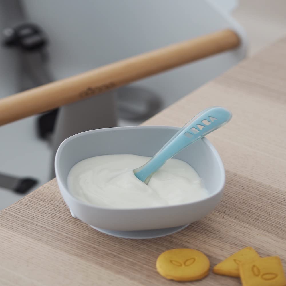 BEABA Toddler’s Self Feeding Silicone Spoons, Toddler Spoons, Baby Essentials, Baby Must Haves, 4 Pack, (Drizzle)
