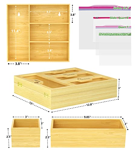 AIONASA Ziplock Bag Storage Organizer for Kitchen Drawer, Bamboo Organizer,Bamboo Plastic Bag Holder with 2 Extra Bonus Storage Boxes, Compatible with Sandwich,Gallon,Quart,Snack Plastic Bags