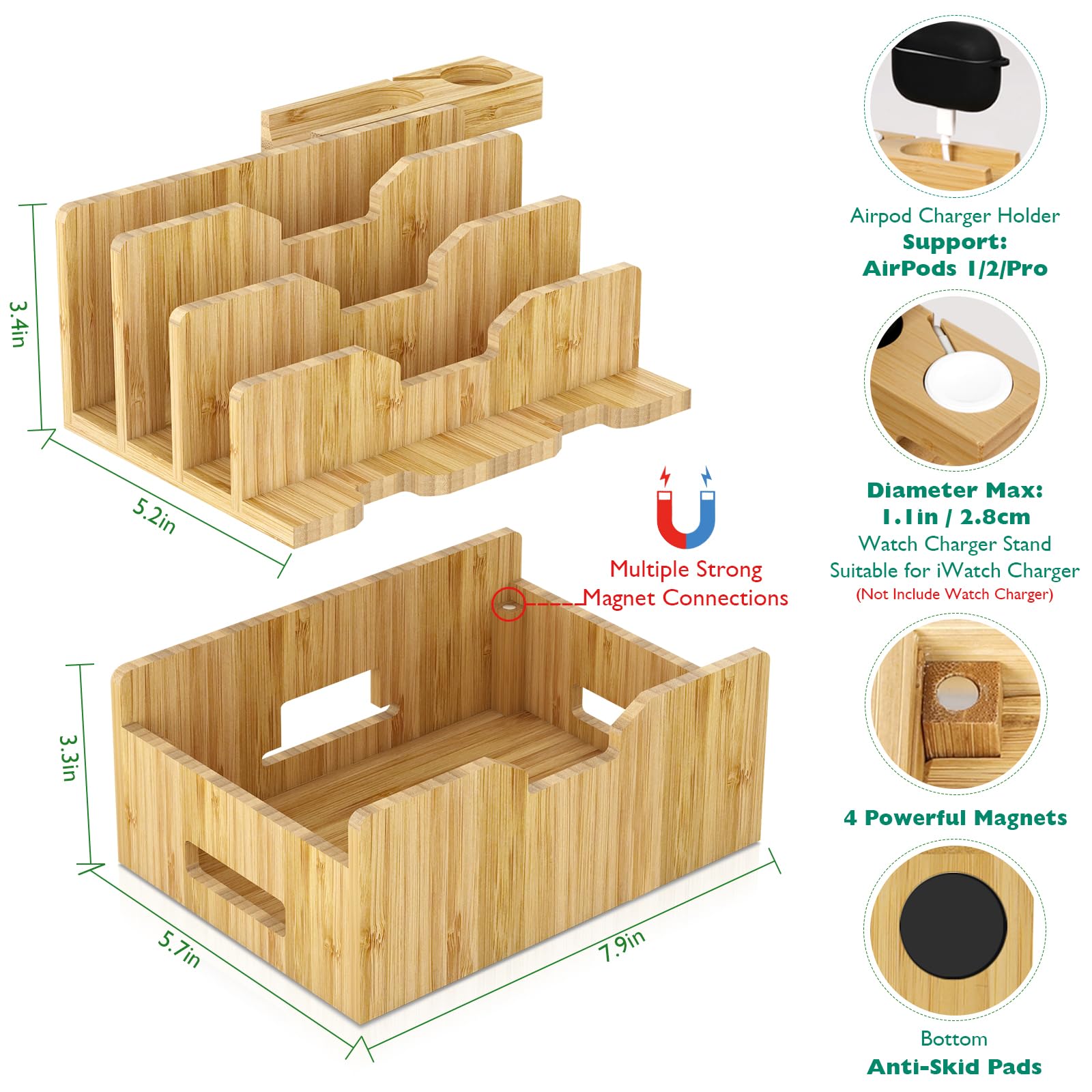 Bamboo Charging Station for Multiple Devices with Integrated Watch & Earbuds Stand, Desktop Charging Docking Station Organizer for Cell Phone, Tablet, 5 Charging Cables Included(No Power Supply)