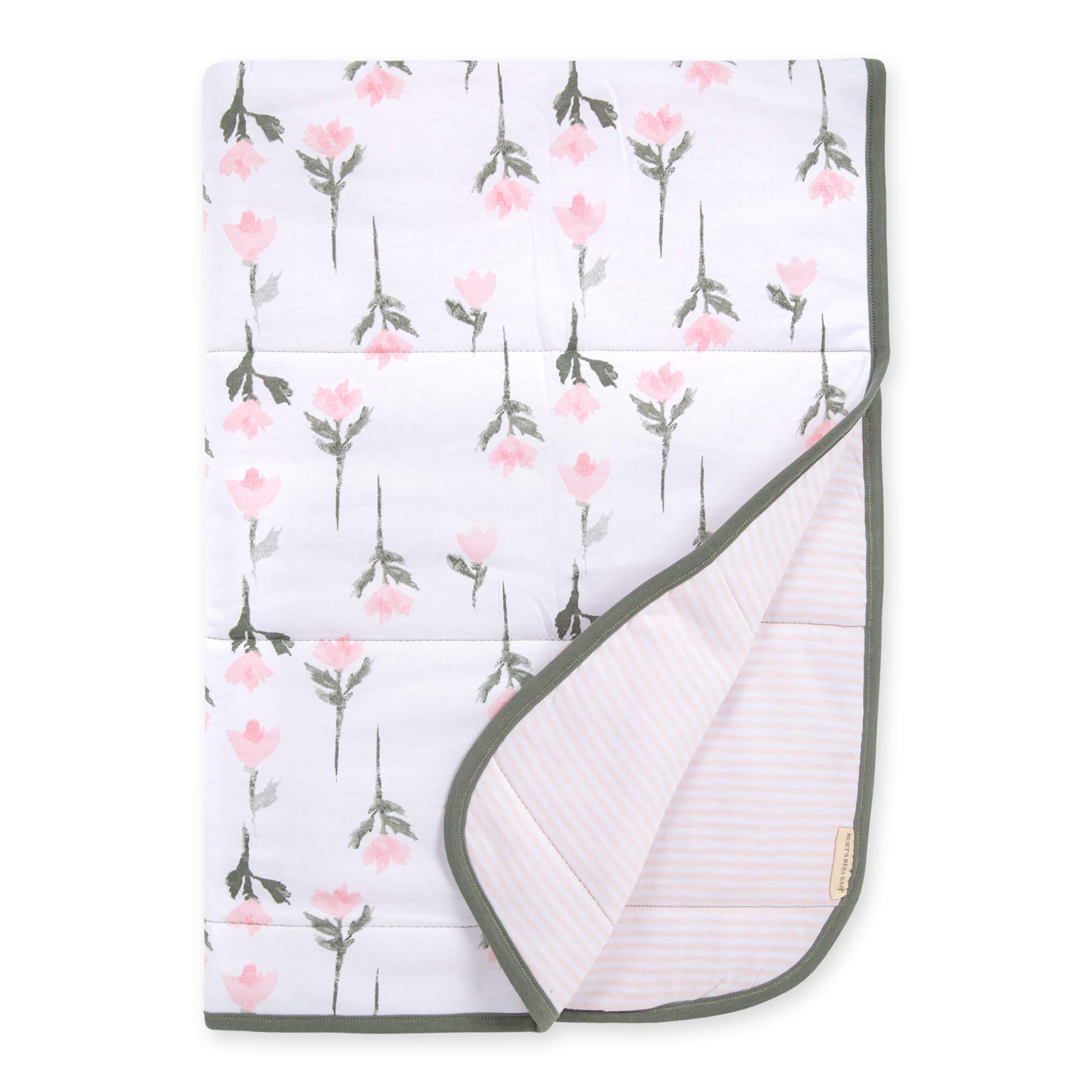 Burts Bees Baby Infant Reversible Blankets 100% Organic Cotton GOTS Certified - Tall Tulips Prints with Quilting Pattern Soft Nursery Blanket with 100% Polyester Fill for Size 30 x 40 Inch