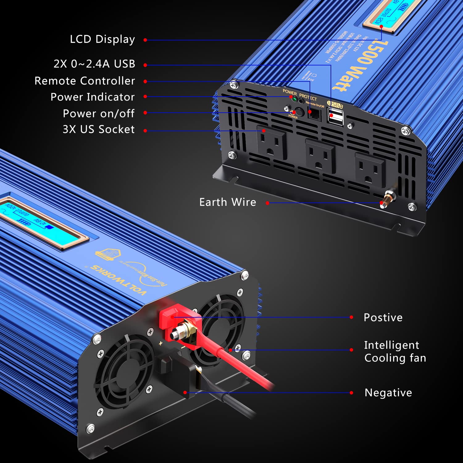 1500W Pure Sine Wave Power Inverter DC 12v to AC 110V-120V with Remote Control LCD Display and 2x2.4A Dual USB Ports 3 AC Outlets for Home RV Truck by VOLTWORKS