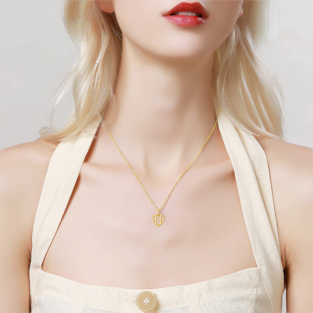 14K Solid Gold Heart Initial Necklaces for Women, Real Gold Heart Pendant Letter C Alphabet Necklace Jewelry Gift for Her, 18" Gold Adjustable Chain (C)