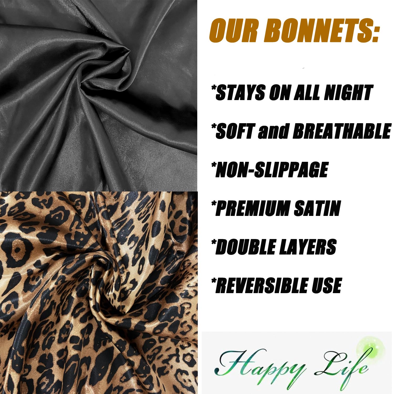 2 Pcs Silk Bonnet for Sleeping Satin Bonnet Double Layer Hair Bonnet for Curly Hair Comforable Hair Wrap Reversible Sleep Cap (Black+Leopard)