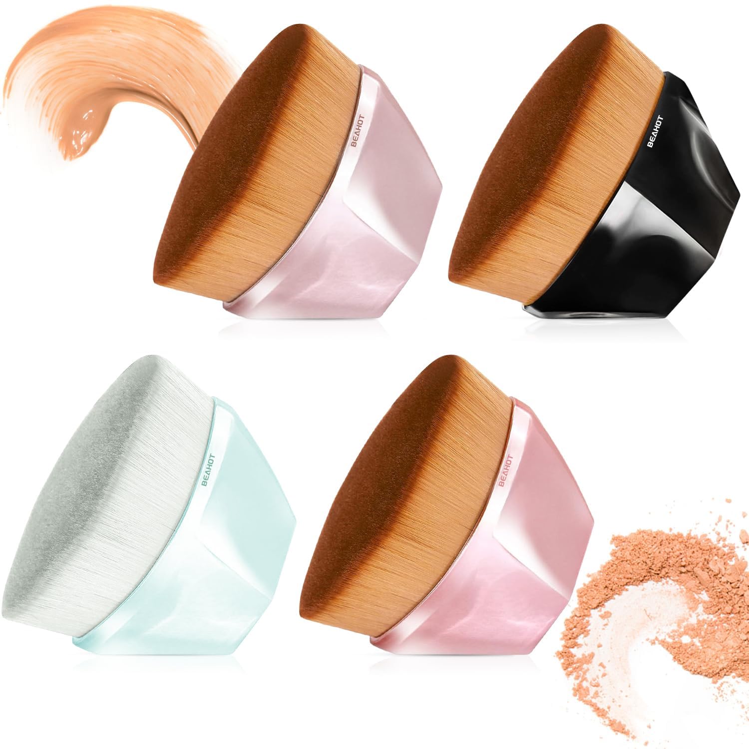 BEAHOT 4 Pack Foundation Makeup Brush - Flat Top Travel Kabuki Brush Momma Brush for Blending Liquid, Cream or Flawless Powder Cosmetics with Protective Case, Easy to Carry Make up Brush