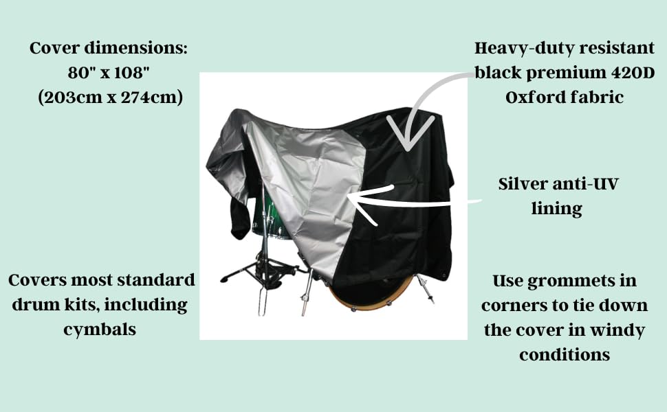 Agustu Drum Set Dust Cover - Premium Waterproof 80" x 108" Protection Drum Shield with Silver Coating for Electric and Electronic Drum Kits -Electric Drum Accessories - with Bag and Microfiber Cloth