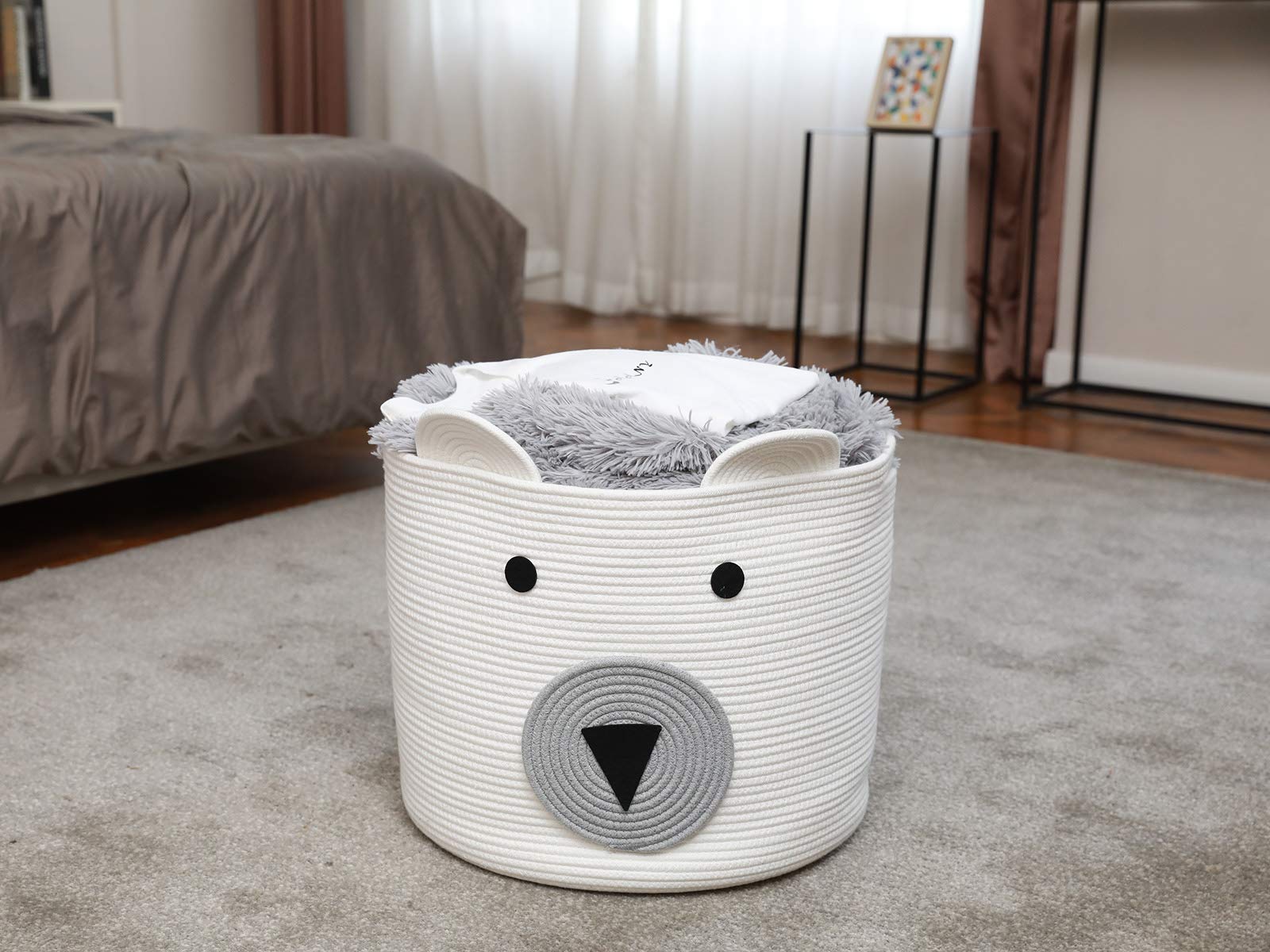 Bear Basket, Animal Basket, Large Cotton Rope Basket, Large Storage Basket, Woven Laundry Hamper, Cloth Storage Bin, for Clothes in Bedroom (White, 18"x15")