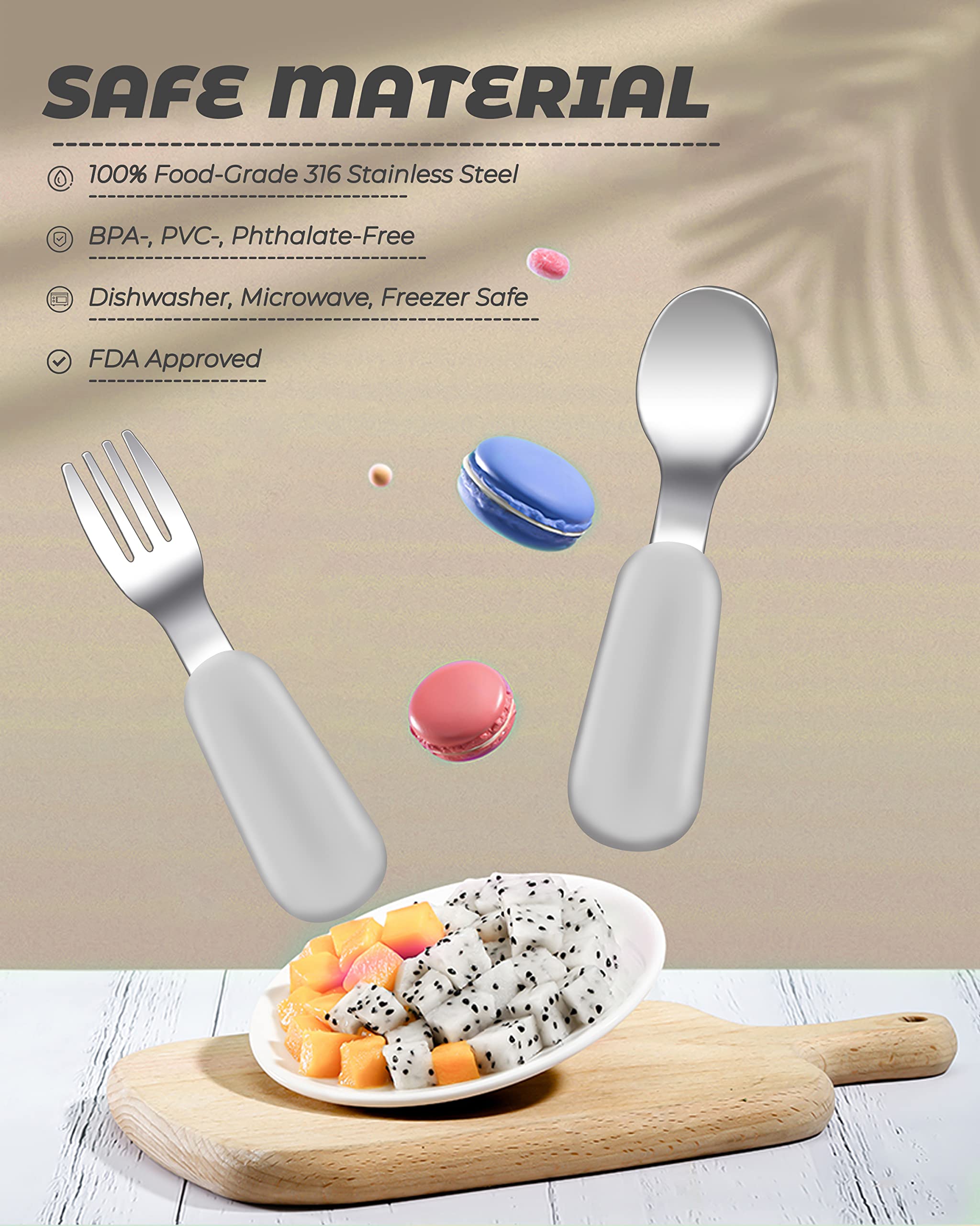 2 pcs Toddler Utensils, Stainless Steel Toddler Silverware Set with Round Handle, Baby Forks for Self Feeding, 1 Toddler Fork and 1 Toddler Spoon, BPA Free