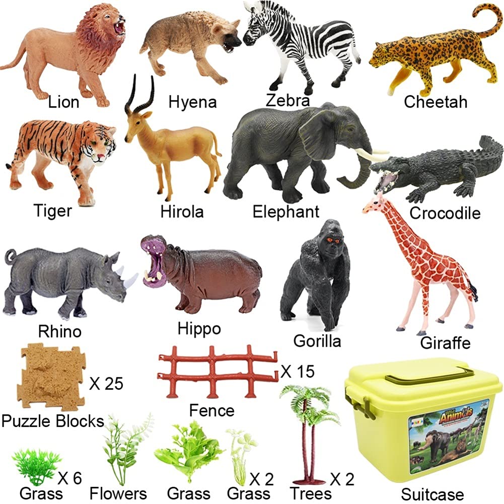 65PCS Safari Animal Figurines Toy Set, Realistic Jungle Zoo Figures with Elephant, Lion, Giraffe, Fence, Building Blocks for Kids Ages 3-8