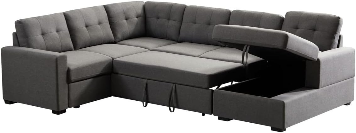 114" U-Shaped Tufted Upholstered Sleeper Sectional Sofa W/Pull Out Couch Bed and Left Storage Chaise, 6 Seaters Corner Sofa & Couch Convertible Oversized Sleep Sofabed for Home Apartment Living Room
