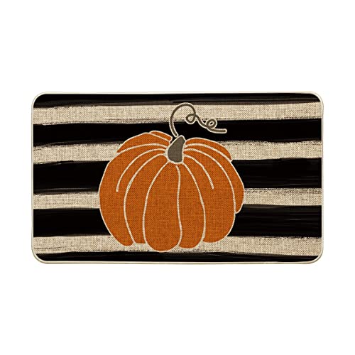 Artoid Mode Watercolor Stripes Pumpkin Decorative Doormat, Fall Seasonal Harvest Thanksgiving Vintage Rustic Low-Profile Yard Floor Mat Switch Mat for Indoor Outdoor 17 x 29 Inch