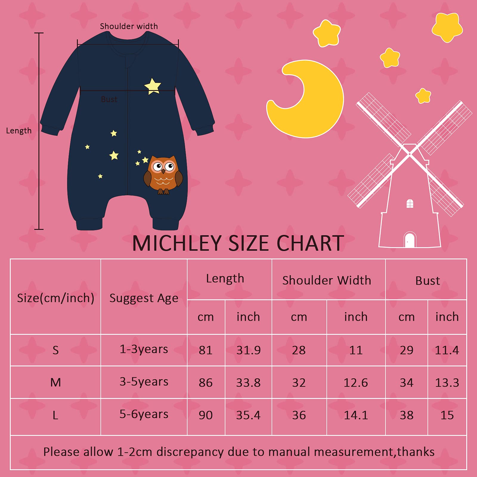 MICHLEY Baby Sleeping Bag Sack Long Sleeve with Feet Winter Swaddle Wearable Blanket for Boys Girls,Owl,1-3Years