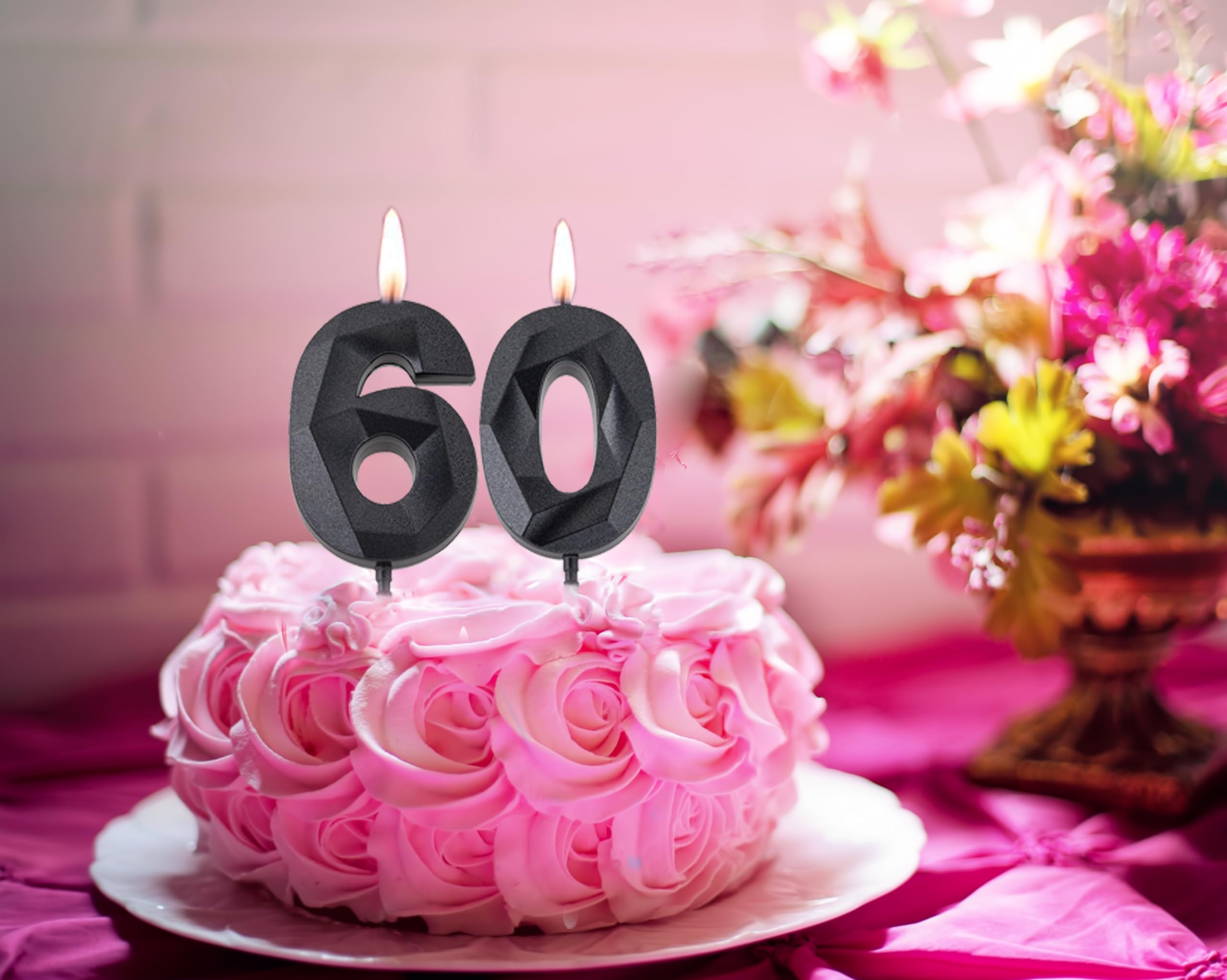 2 inch Black 60 Birthday Candles, 3D Diamond Number 60 Cake Topper for Men Women Birthday Party Decorations Theme Party