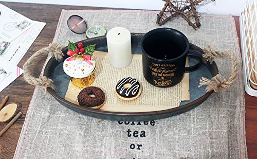 Funerom 13.9X 8.8 inch Galvanized Metal Oval Tray with Rope Handle，Farmhouse Serving Tray.