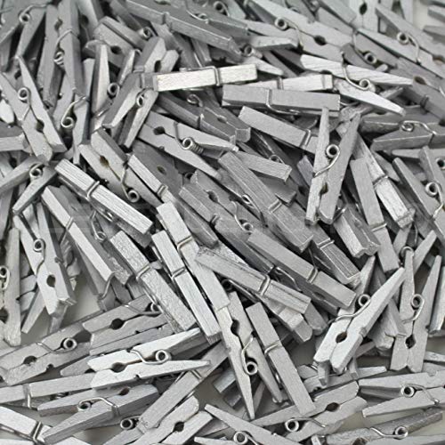 CleverDelights 1 1/8" Mini Wood Clothespins - Metallic Silver - 50 Pack