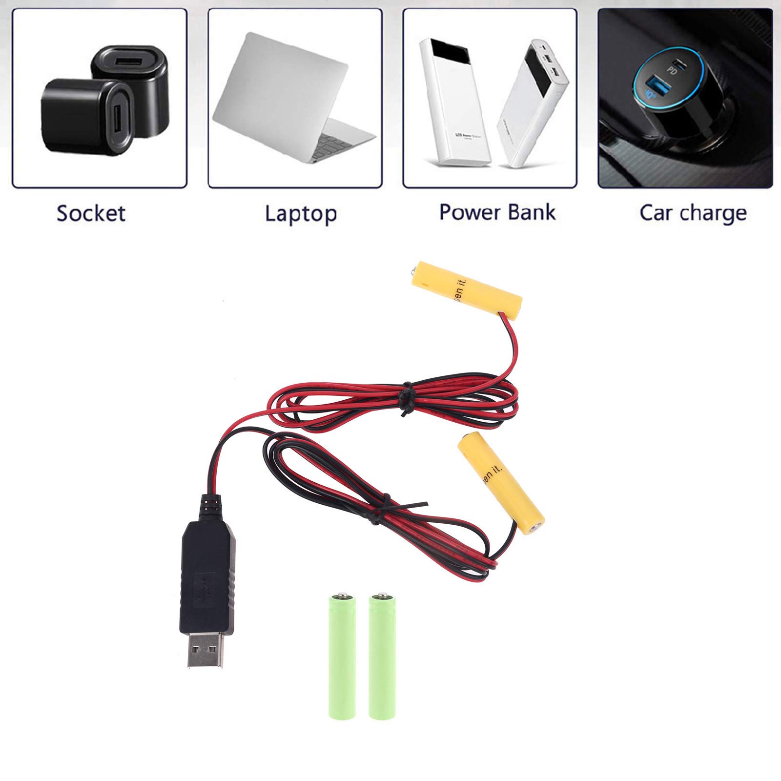 2in1 5V USB To 3V Dual LR6 LR03 Battery Power Supply Cable Replace 2x 1.5V AA AAA Battery Eliminator for LED Light Toys Luminara Candles Walkie Talkie and More,USB AA Battery Eliminator Cord