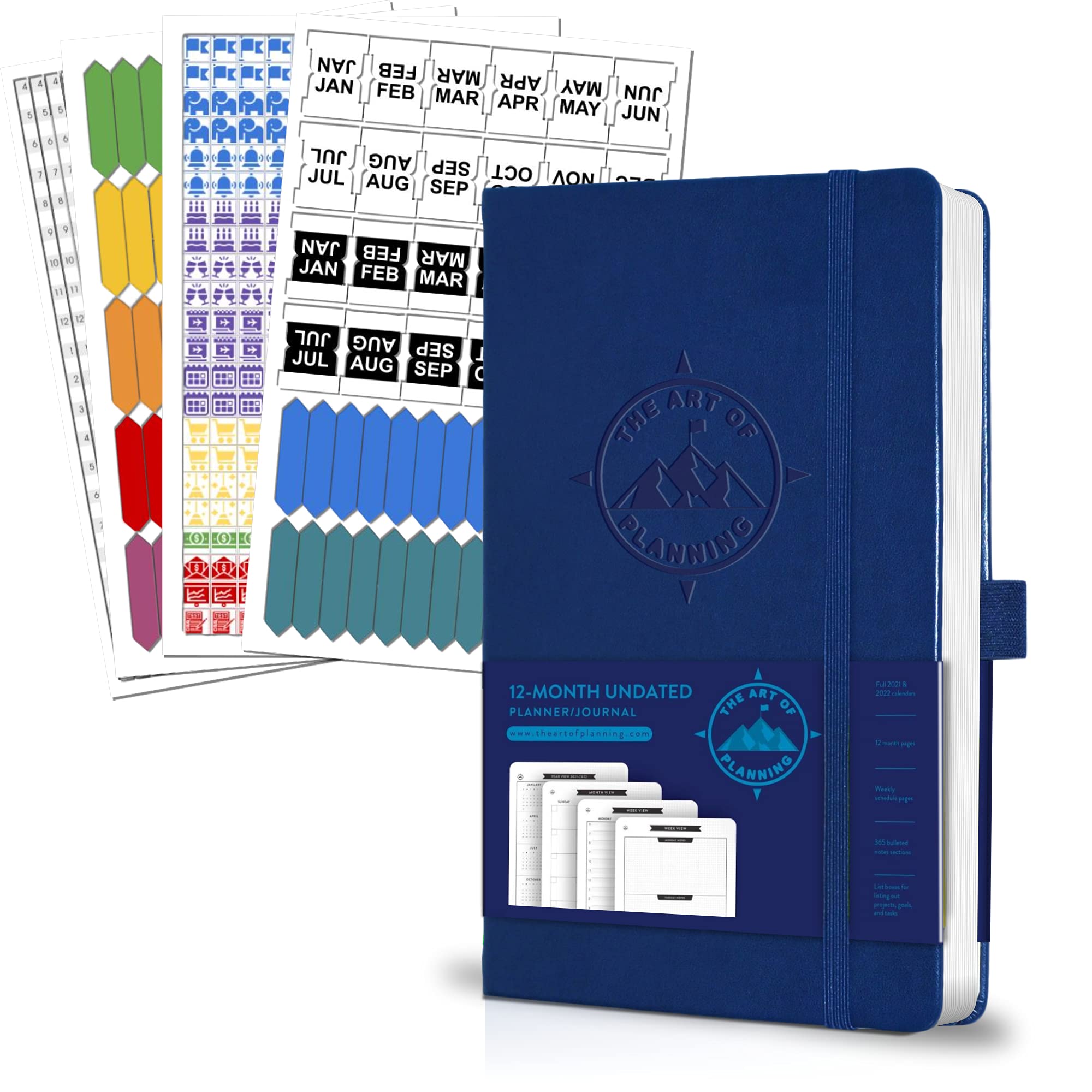 12 Month Planner with Time Slots | Undated Week and Month Spreads | 2021 and 2022 Calendars Included | A5 5"x8" Hardcover | Month Tabs | Dotted Notes