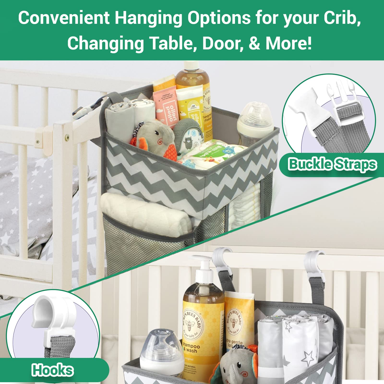 Babywards Hanging Diaper Caddy Organizer - Large Nursery Storage for Essential Newborn Baby Items - 2 Compartments, 3 Mesh Pockets - Durable Hooks to Hang on Bassinet, Changing Table, Crib
